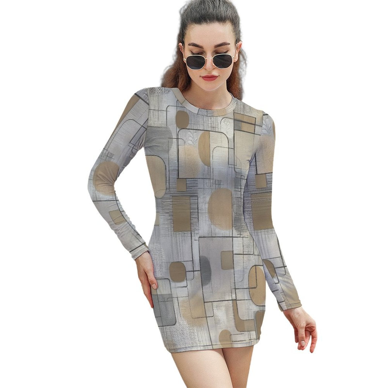 Abstract Beige Geometric Art Women's Long Sleeve Bodycon Dress Soft ...