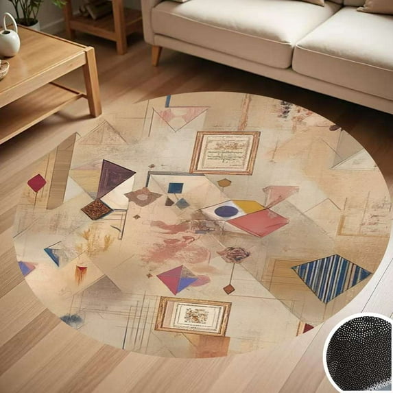 Abstract Beige Geometric Pattern Round Carpet Living Room Bedroom Home ...