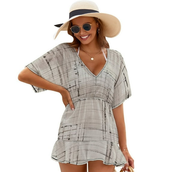 Abstract Beige Gray Design Beach Cover Ups Women V Neck Short Sleeve ...