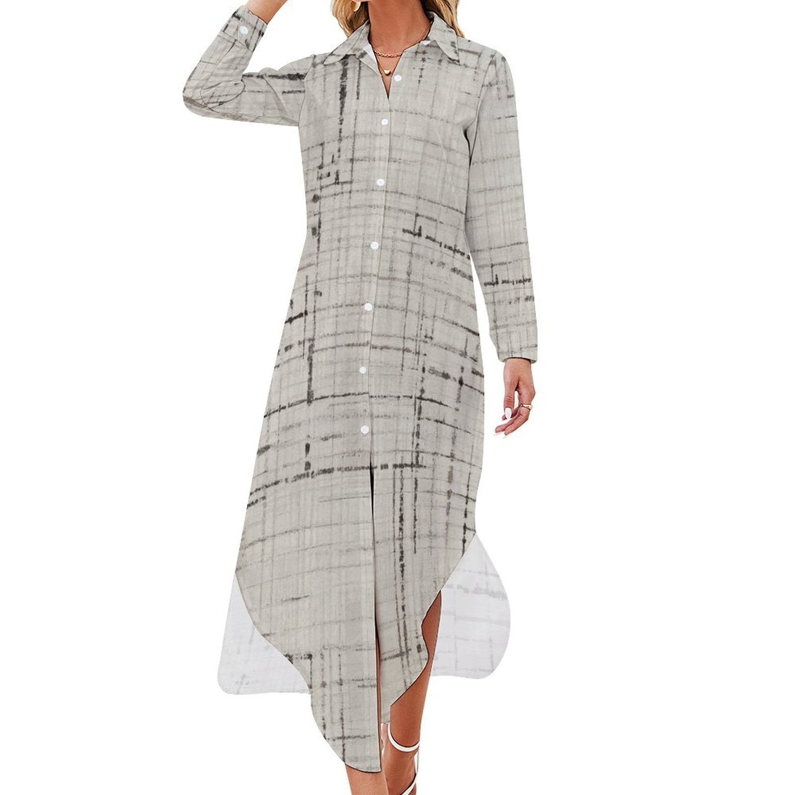 Abstract Beige Gray Rug Design Shirt Dress Long Sleeve Street Fashion V ...