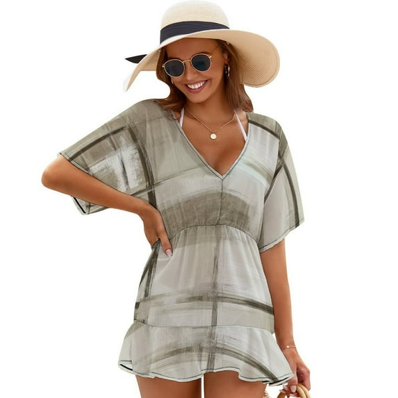 Abstract Beige Grid Painting Cover Ups Dresses Women Summer Dress ...