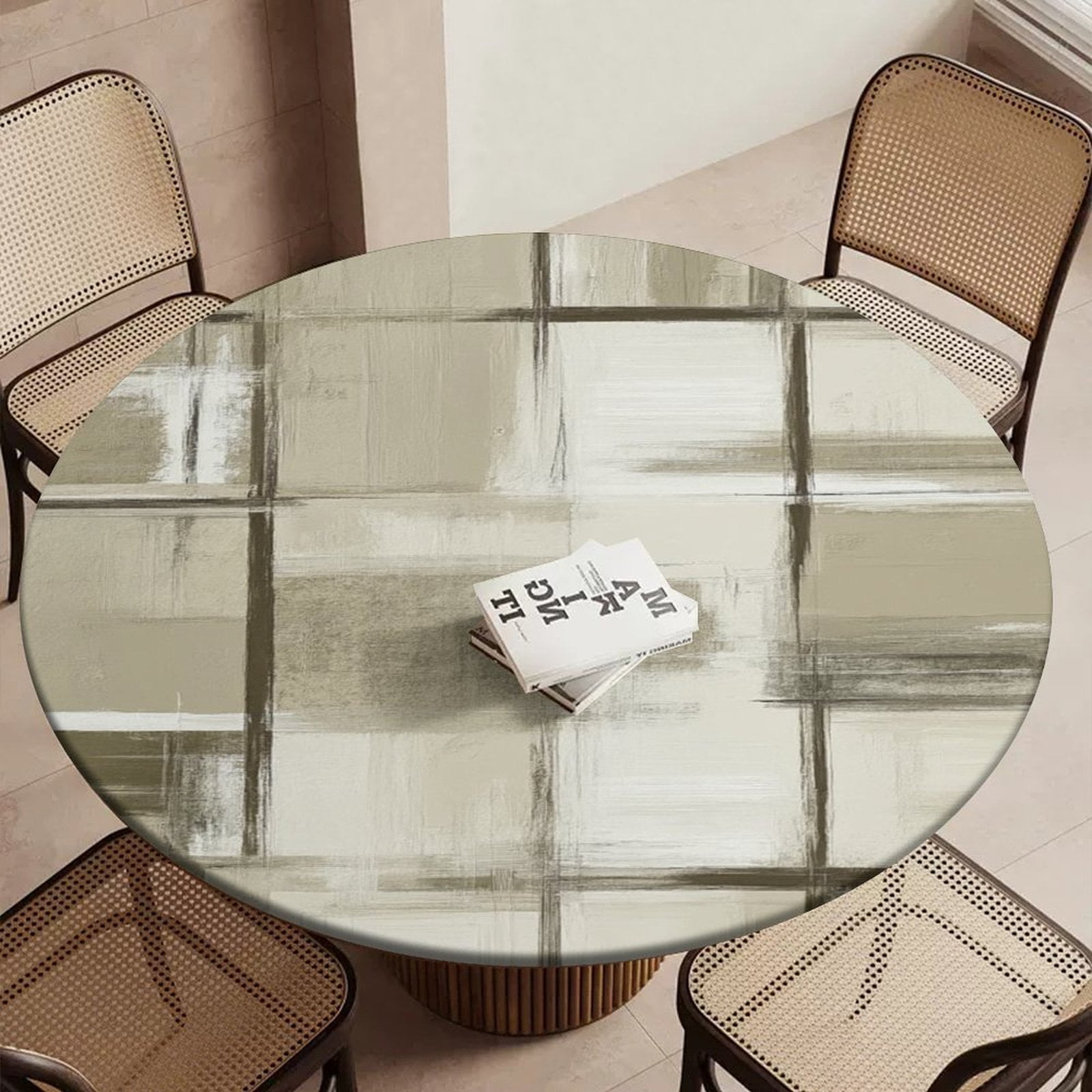 Abstract Beige Grid Painting Round Table Cover Kitchen Printed ...