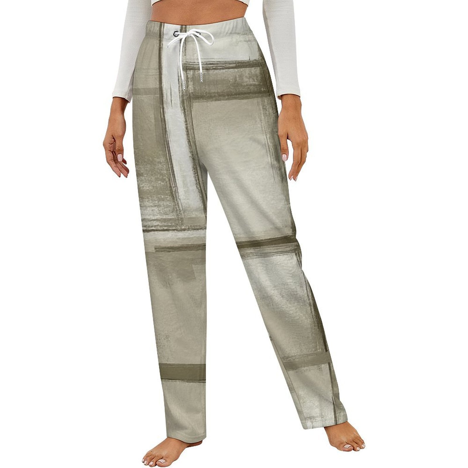 Abstract Beige Grid Painting Winter Female Pants Flannel High Waist ...