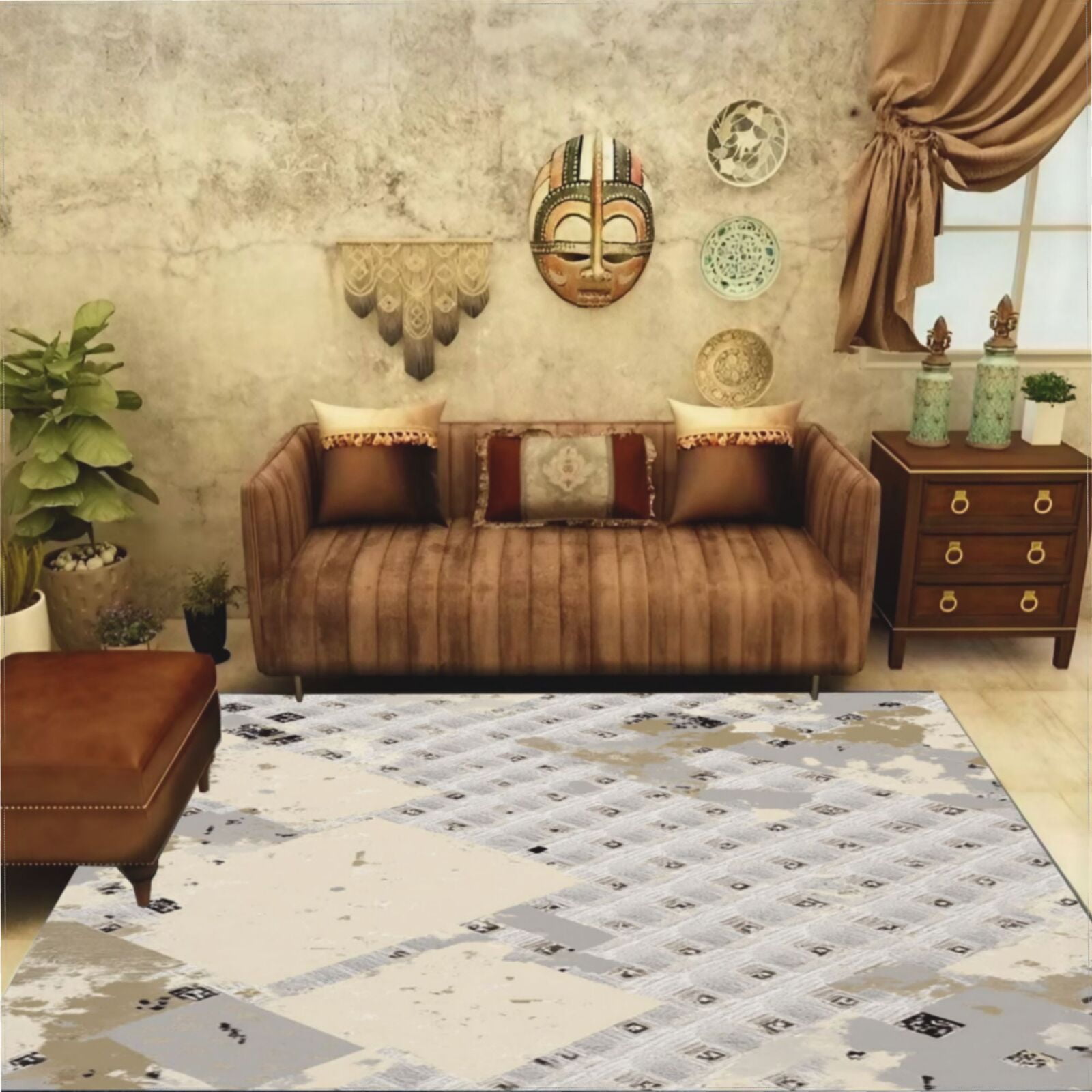 Abstract Beige Grid Pattern Living Room ration Nordic Carpets Large ...