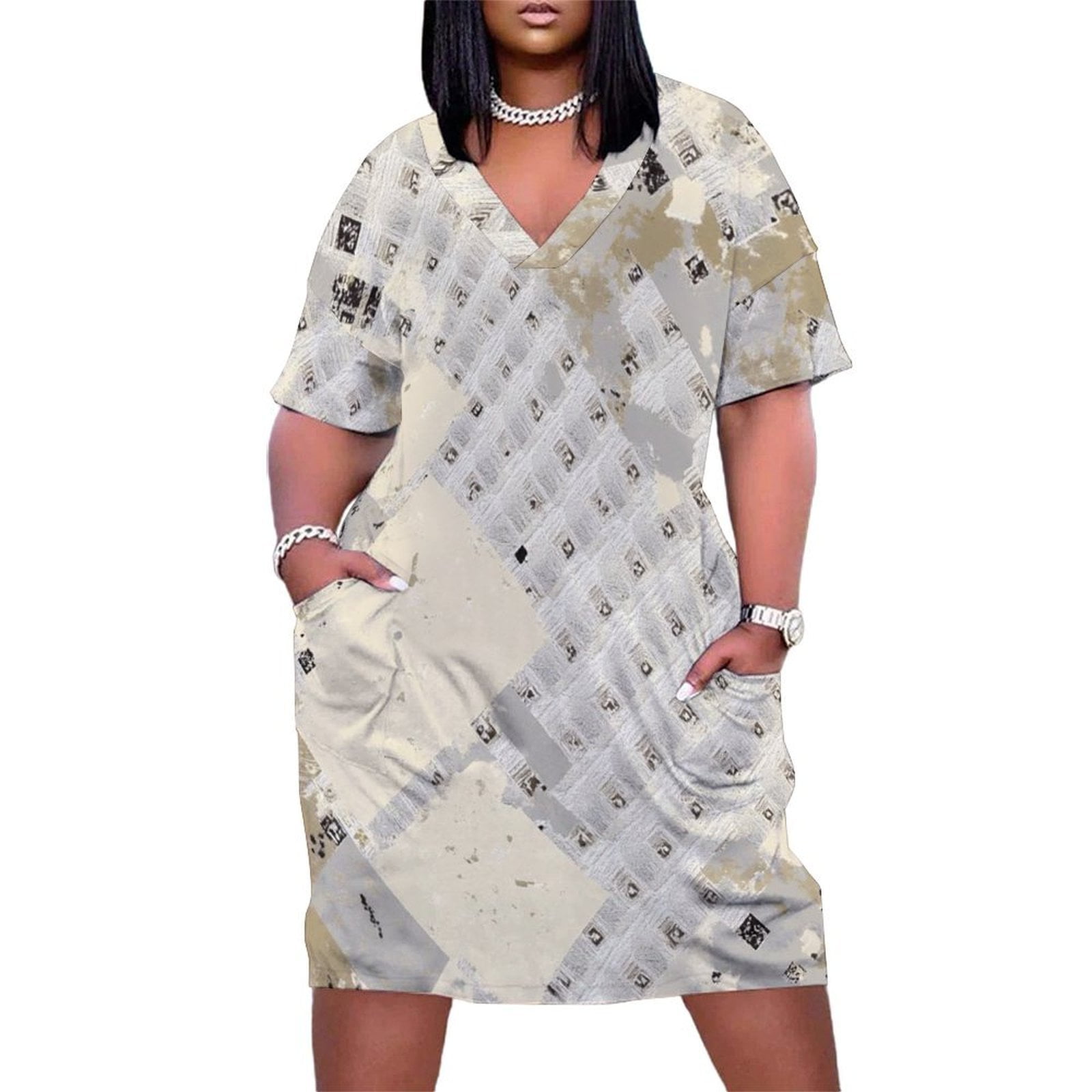 Abstract Beige Grid Pattern Loose Pocket Dress Dresses Summer Summer ...