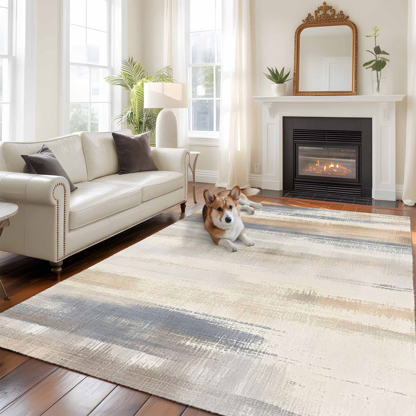 Abstract Beige Large Area Rugs 6x9 ft Blue Gradient Mottled Texture ...