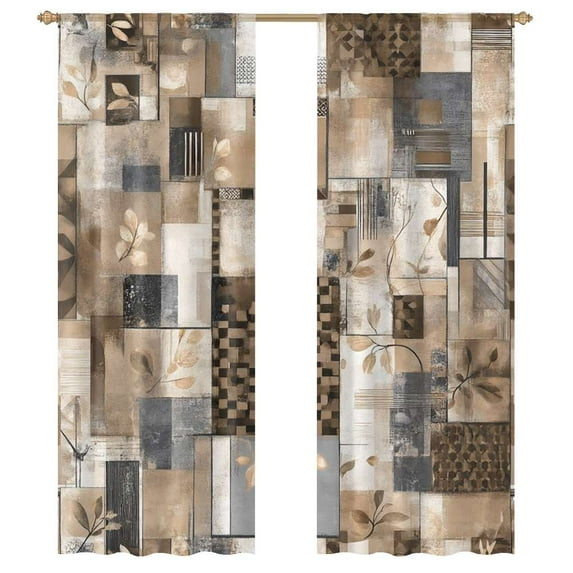 Abstract Beige Leaf Pattern Sheer Voile Curtain Window Tulle Curtains ...