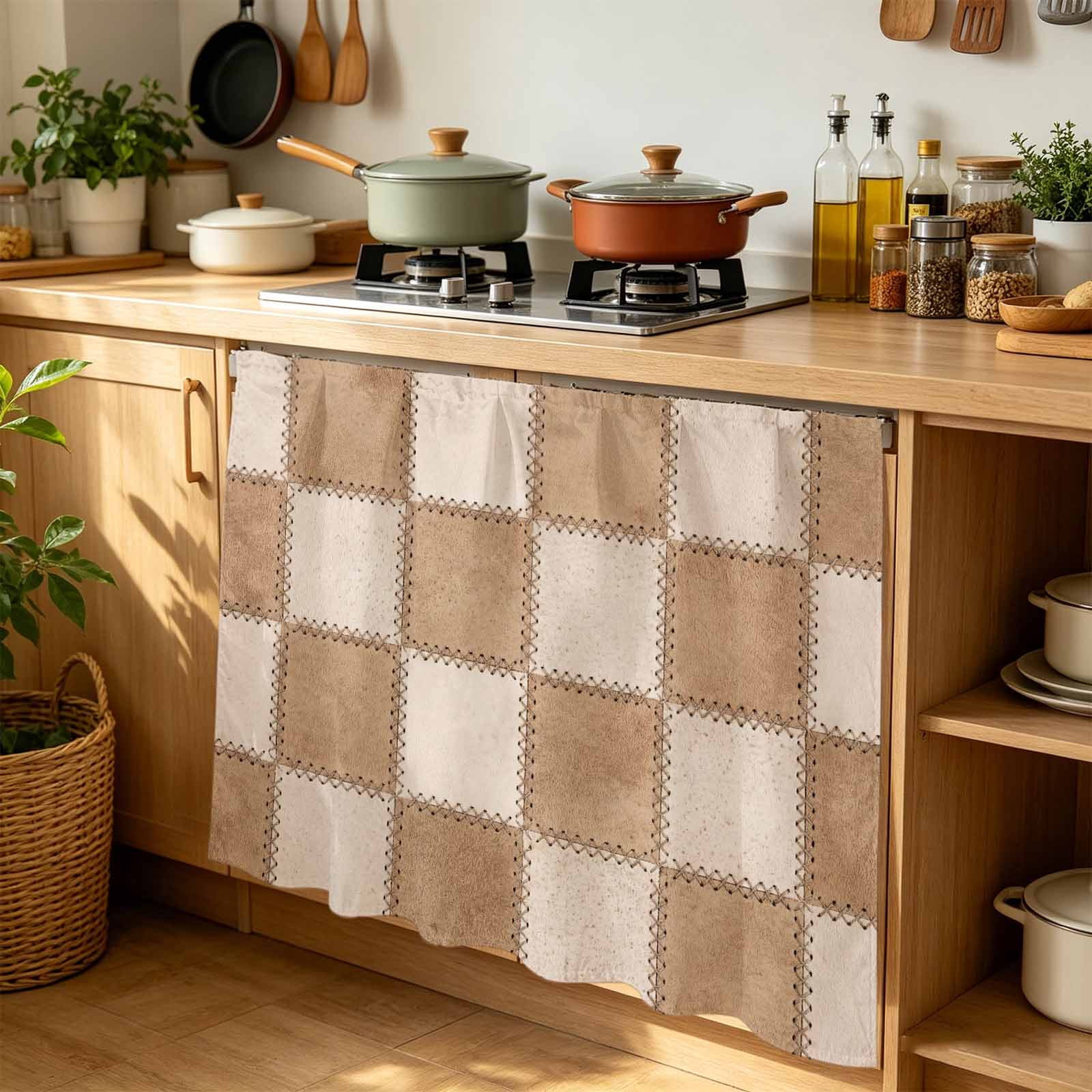 Abstract Beige Patchwork Cabinet Curtains for Kitchen 35"W x 35"L ...
