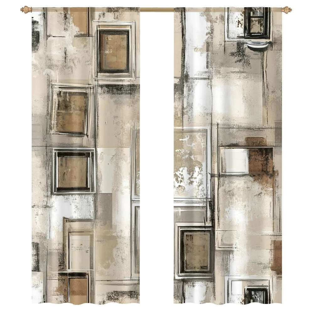 Abstract Beige Square Art Print Sheer Window Curtains for Living Room ...