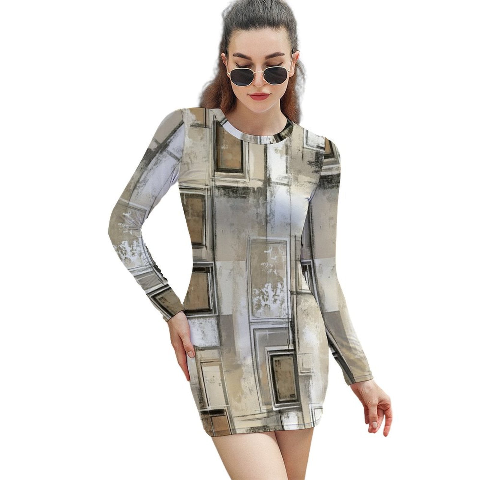 Abstract Beige Square Art Print Women's Long Sleeve Bodycon Dress Soft ...