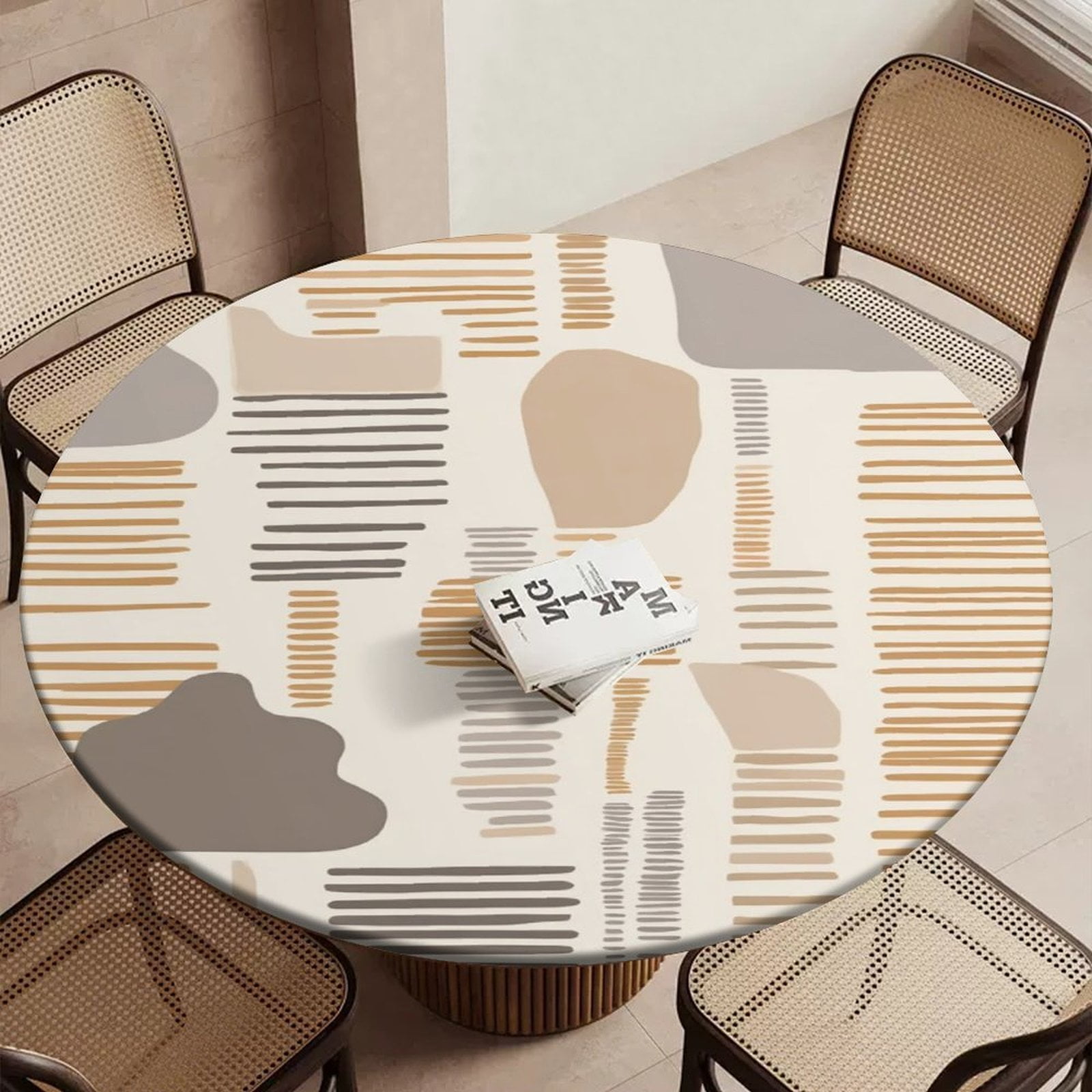 Abstract Beige Stripe Pattern Round Table Cover Kitchen Printed ...