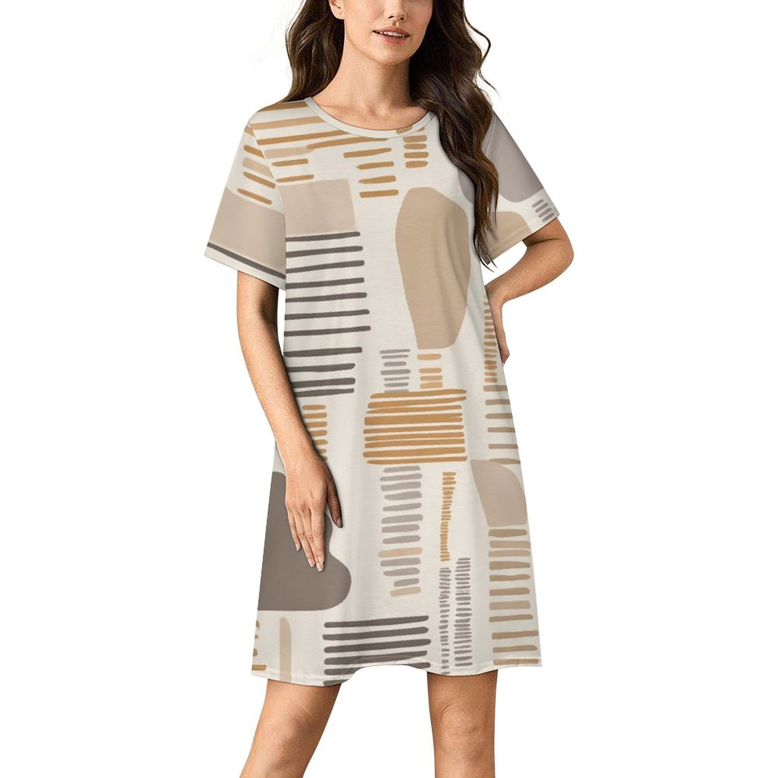 Abstract Beige Stripe Pattern Women Nightgown Sleepwear Short Sleeves ...