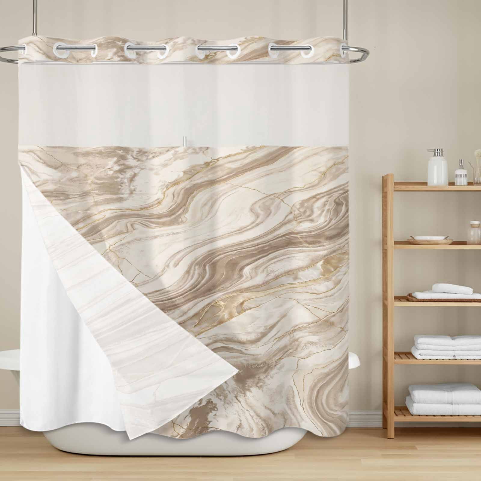 Abstract Beige Stripes No Hook Shower Curtain with Snap in Liner Set ...