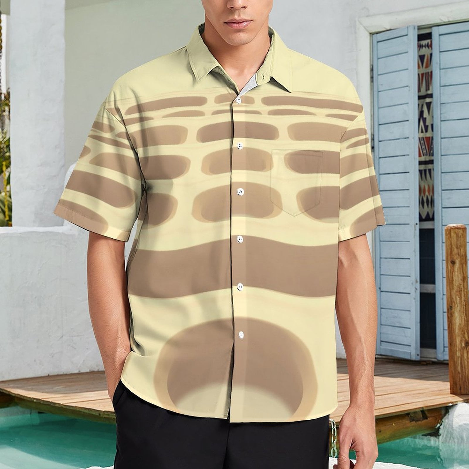 Abstract Beige Undulating Grid Pattern Male Retro Print Casual Shirts ...