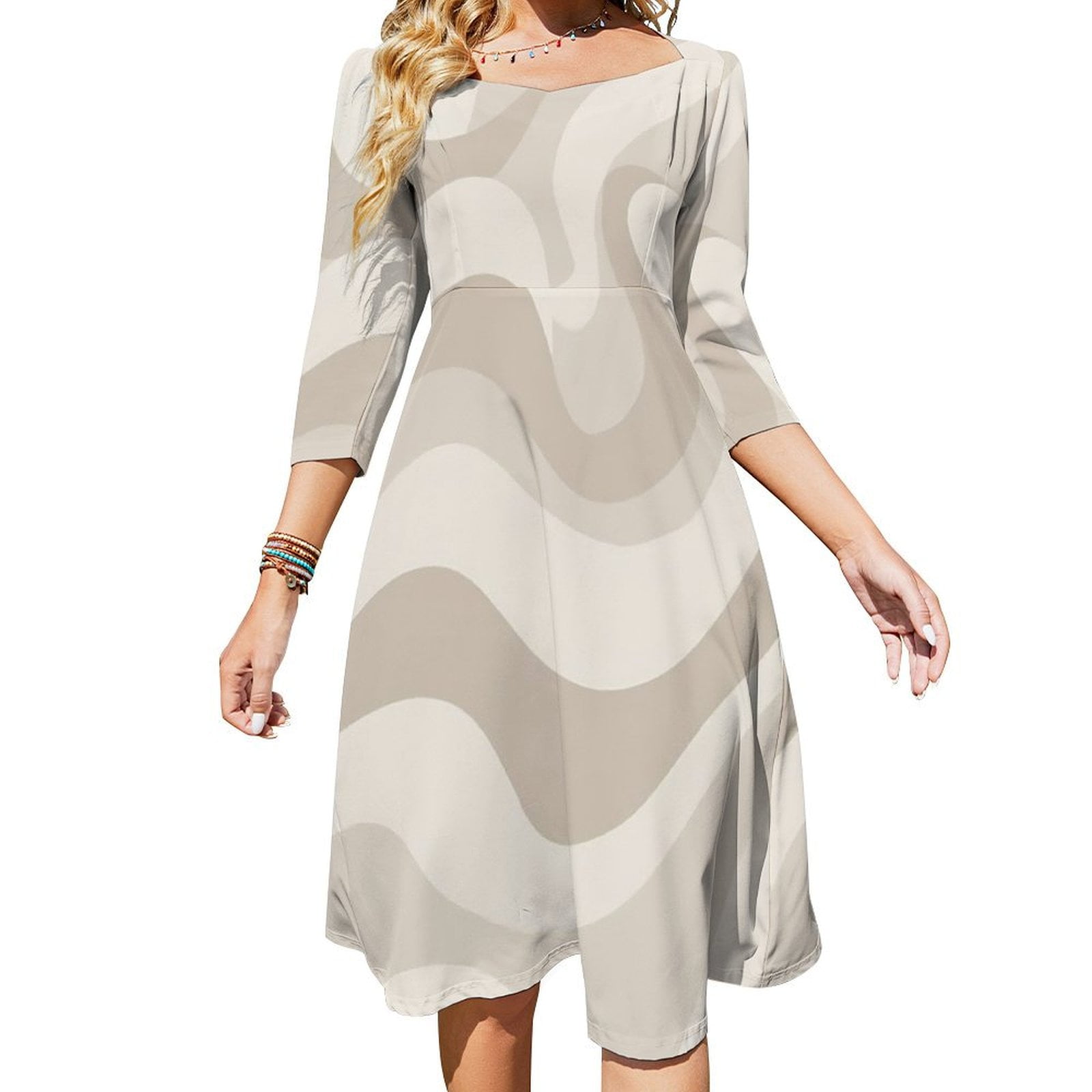 Abstract Beige Wavy Design Art Women's Fall Dresses Casual Loose Flowy ...