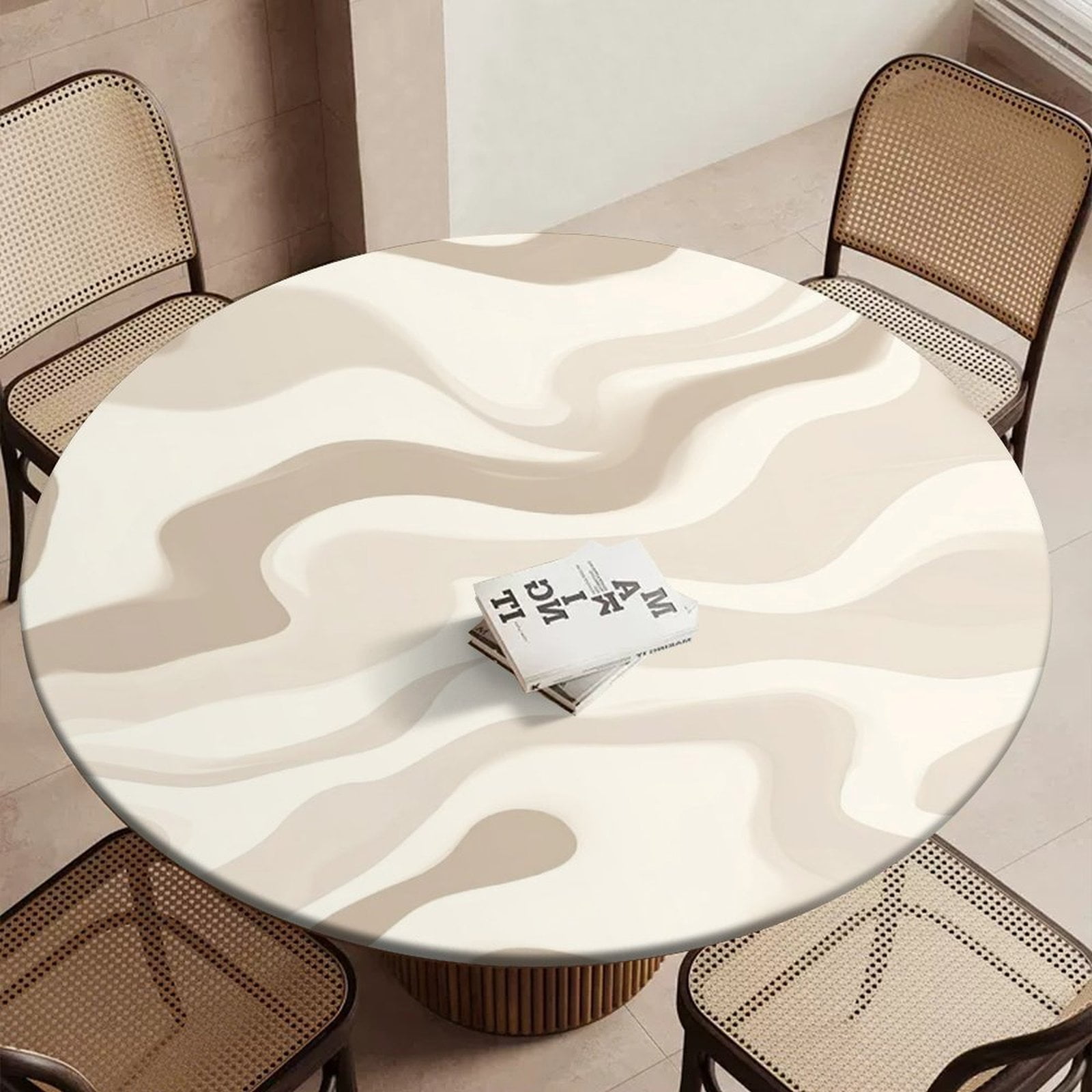 Abstract Beige Wavy Design Round Table Cover Kitchen Printed Waterproof ...