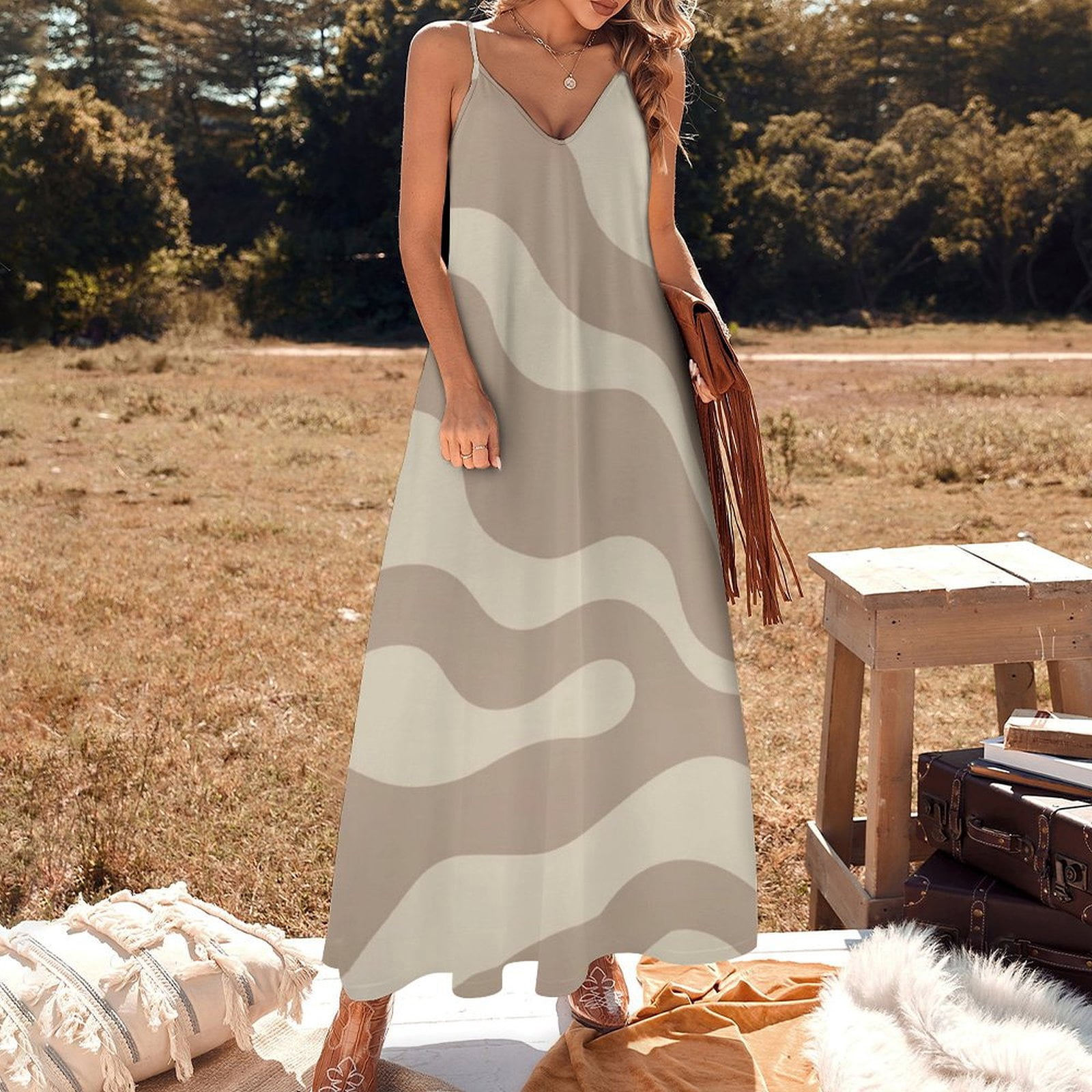 Abstract Beige Wavy Pattern Design Sleeveless Dress Elegant gowns women ...