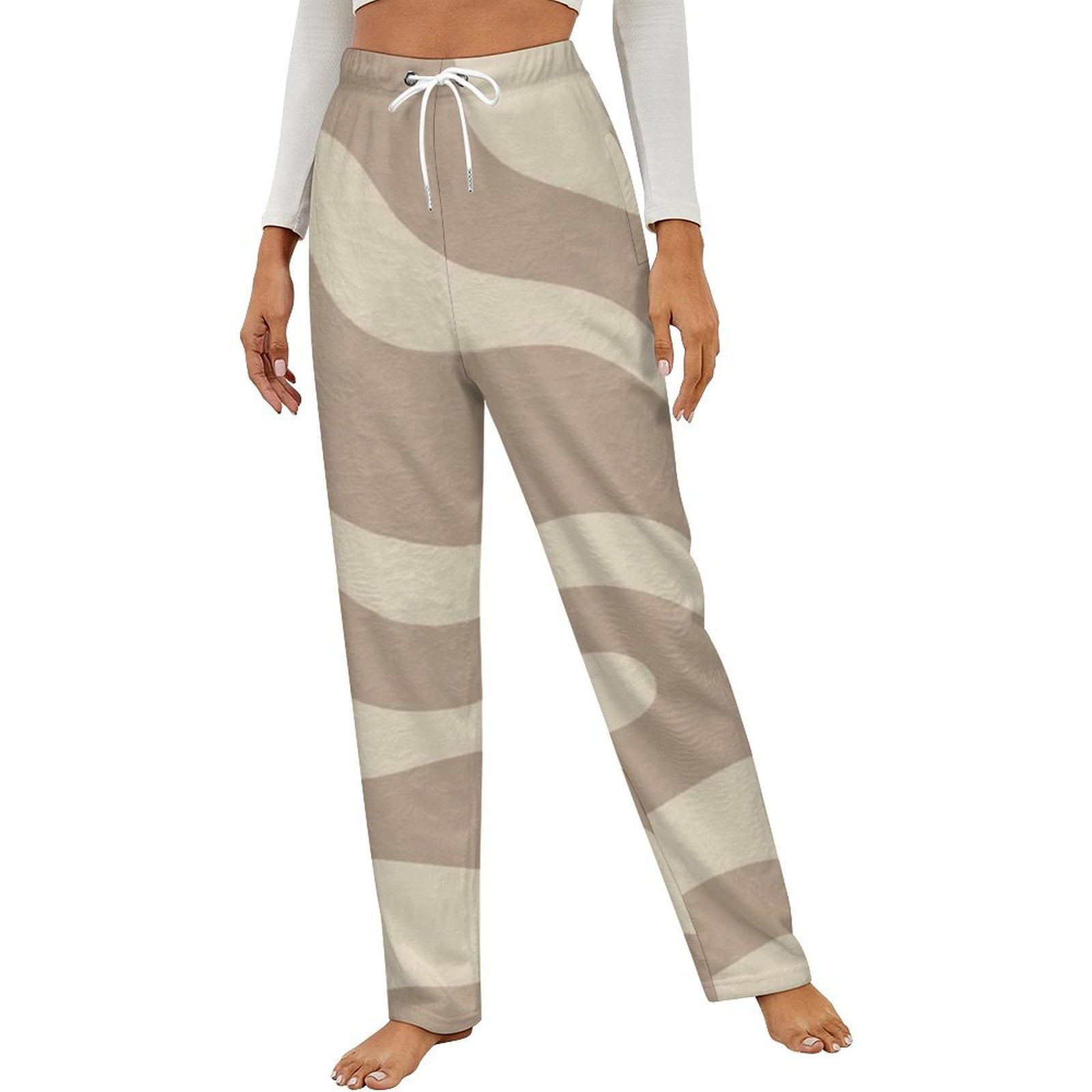 Abstract Beige Wavy Pattern Design Winter Female Pants Flannel High ...