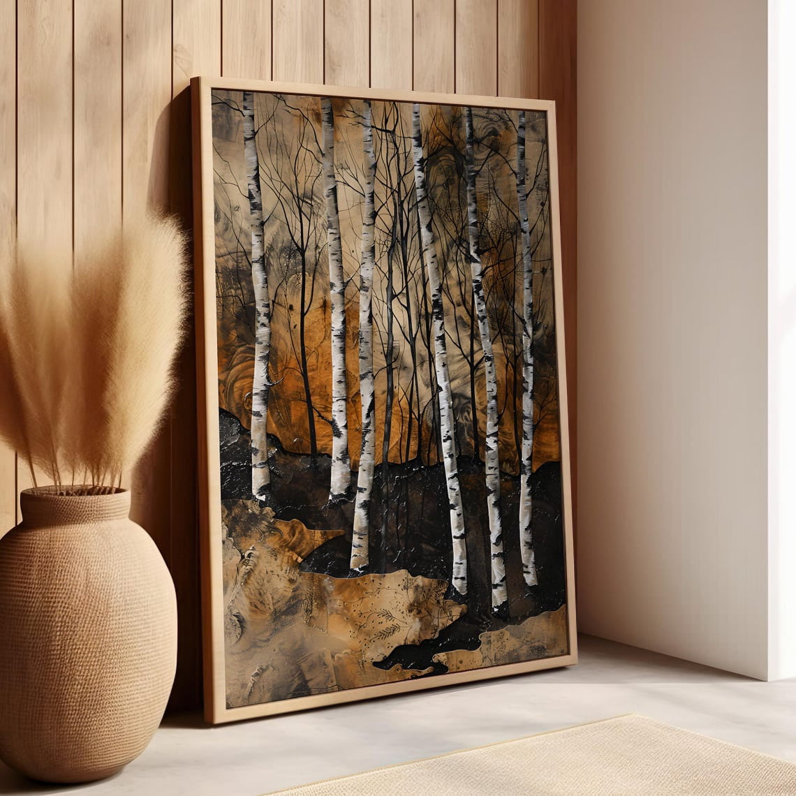 Abstract Birch Tree Dark Forest Wall Art Rustic Decor, Stretched Canvas ...