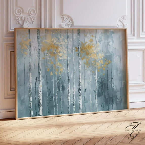 Abstract Birch Tree Poster: Blue & Gold Forest Landscape Art, Unframed ...