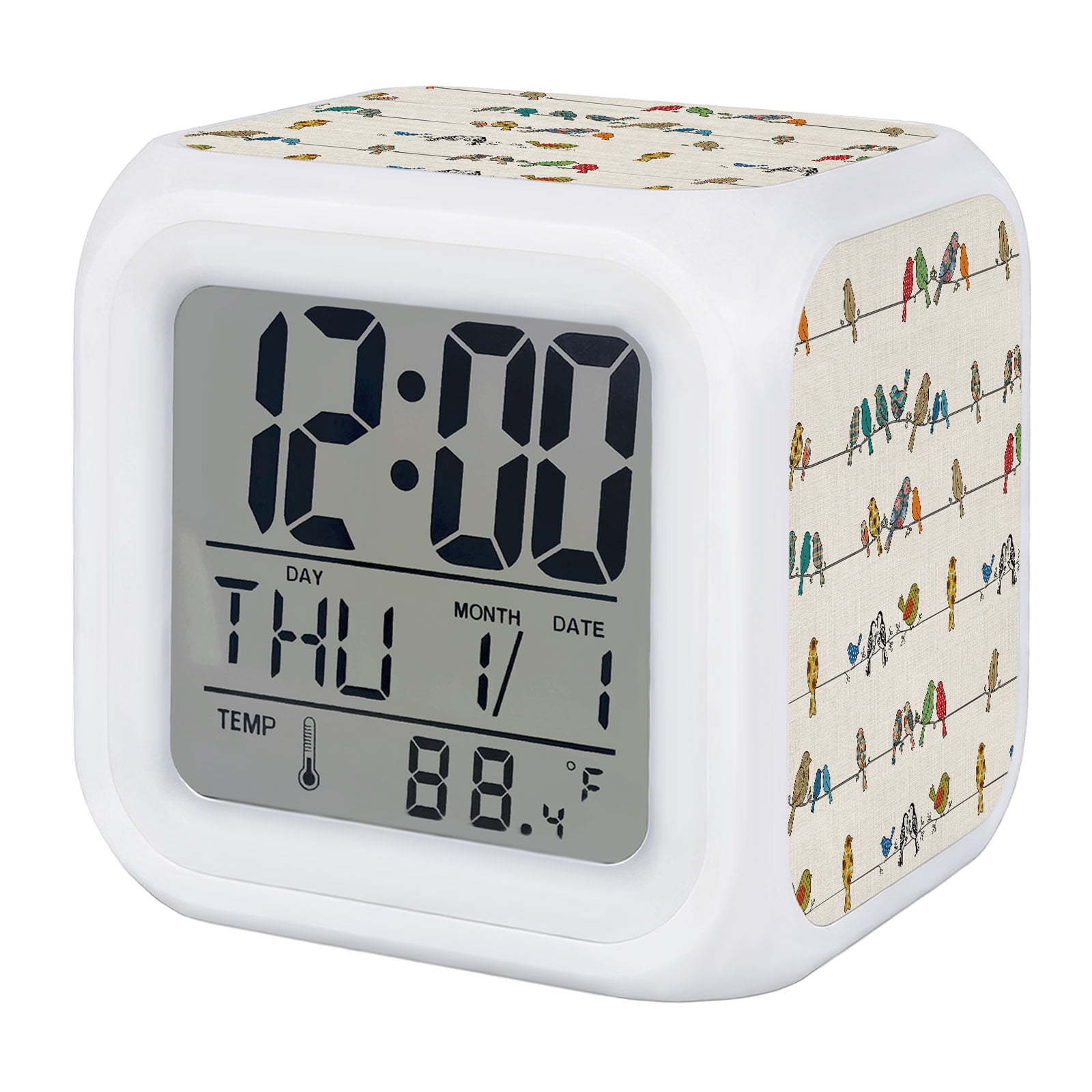 Abstract Bird Alarm Clock, Vintage Cartoon Green Blue Red Orange Bird ...
