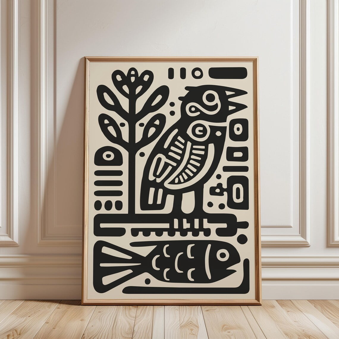 Abstract Bird Fish Tribal Folk Modern Line Illustration, Stretched ...