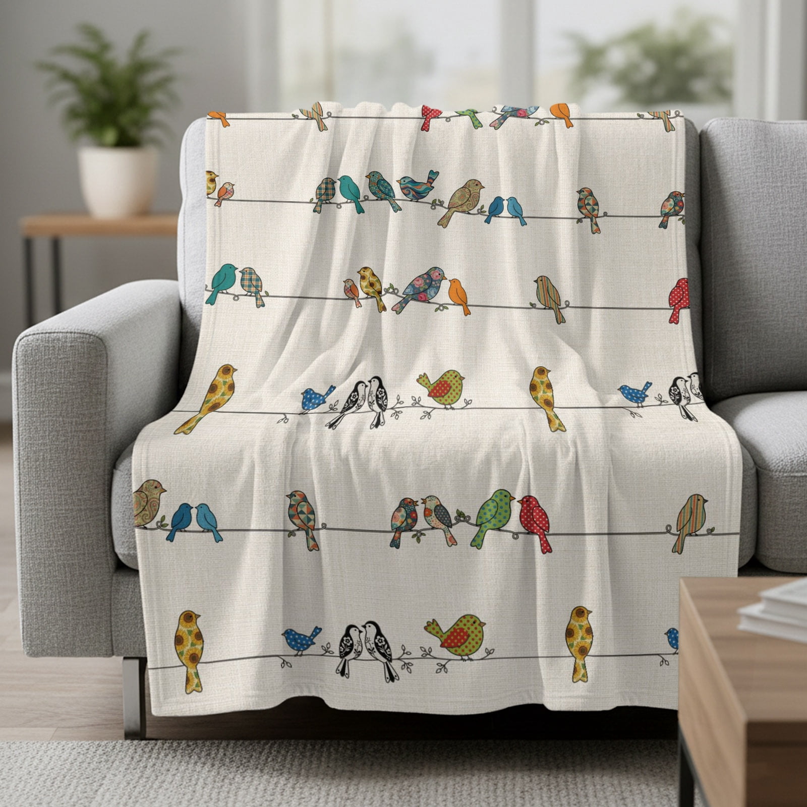 Abstract Bird Fleece Throw Blanket Vintage Cartoon Green Blue Red ...