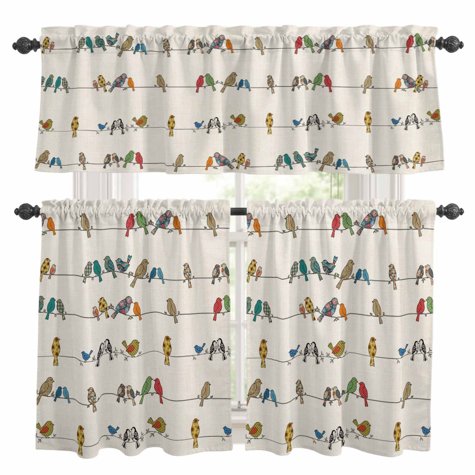 Abstract Bird Kitchen Curtains Valances and Tiers Set of 3 Vintage ...