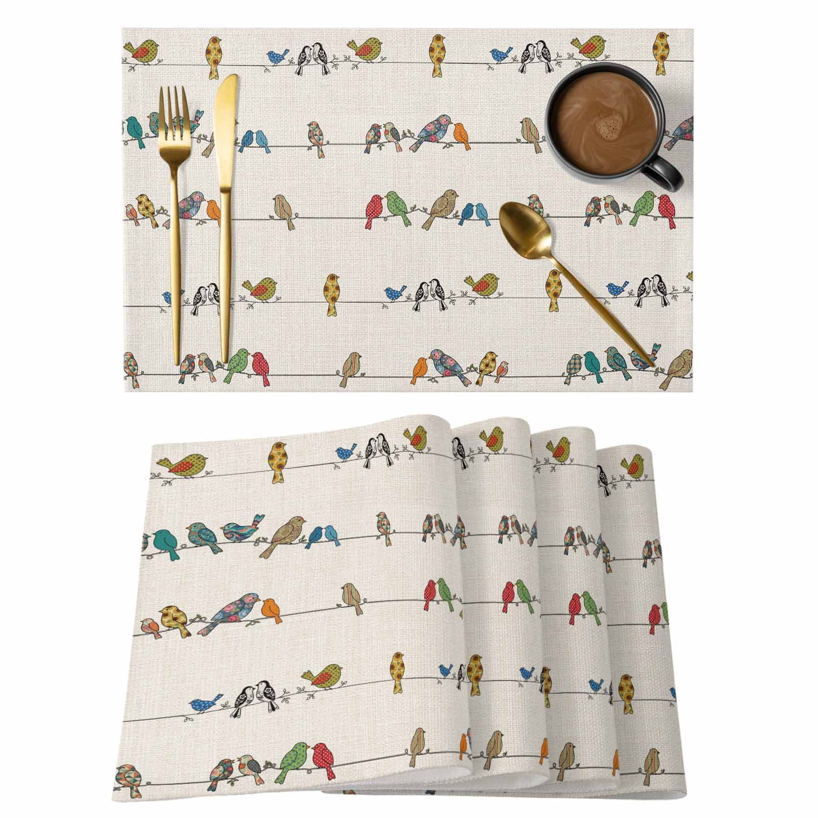 Abstract Bird Placemats Set of 8, Vintage Cartoon Green Blue Red Orange ...