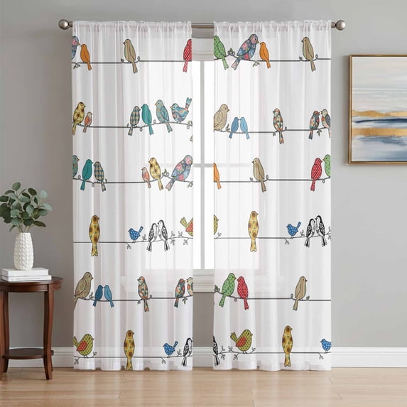 Abstract Bird Sheer Curtains for Living Room Bedroom, Cartoon Green ...