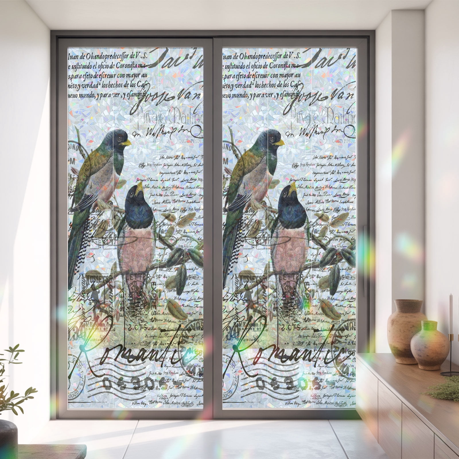 Abstract Bird on Vintage Envelope Window Privacy Film, Rainbow Window ...