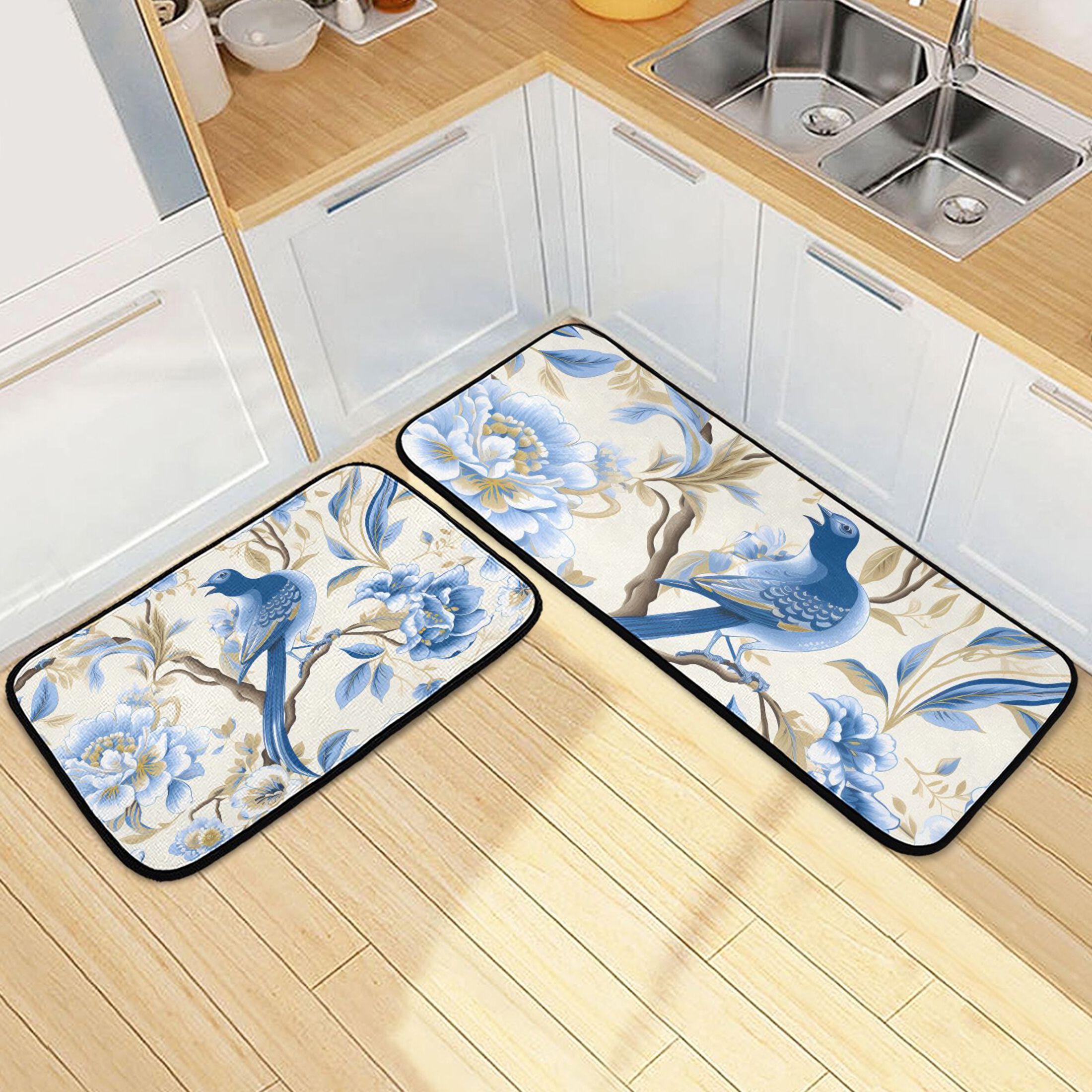 Abstract Bird on Flowers Kitchen Rugs Set of 2 Non Slip Floor Foam Mat ...