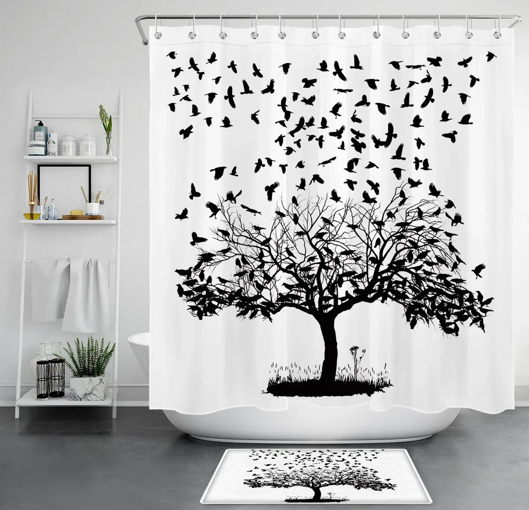 Abstract Birds Flock Tree Black White Fabric Shower Curtain - Walmart.com