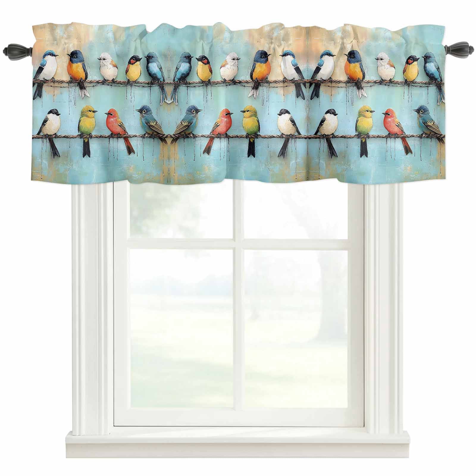 Abstract Birds Valances for Windows Singing Birds Rod Pocket Curtain ...