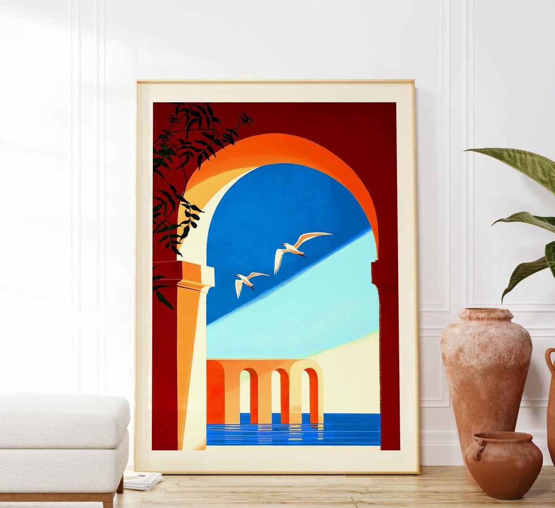 Abstract Birds and Sea View Modern Surrealist Wall Art, Unframed Paper ...