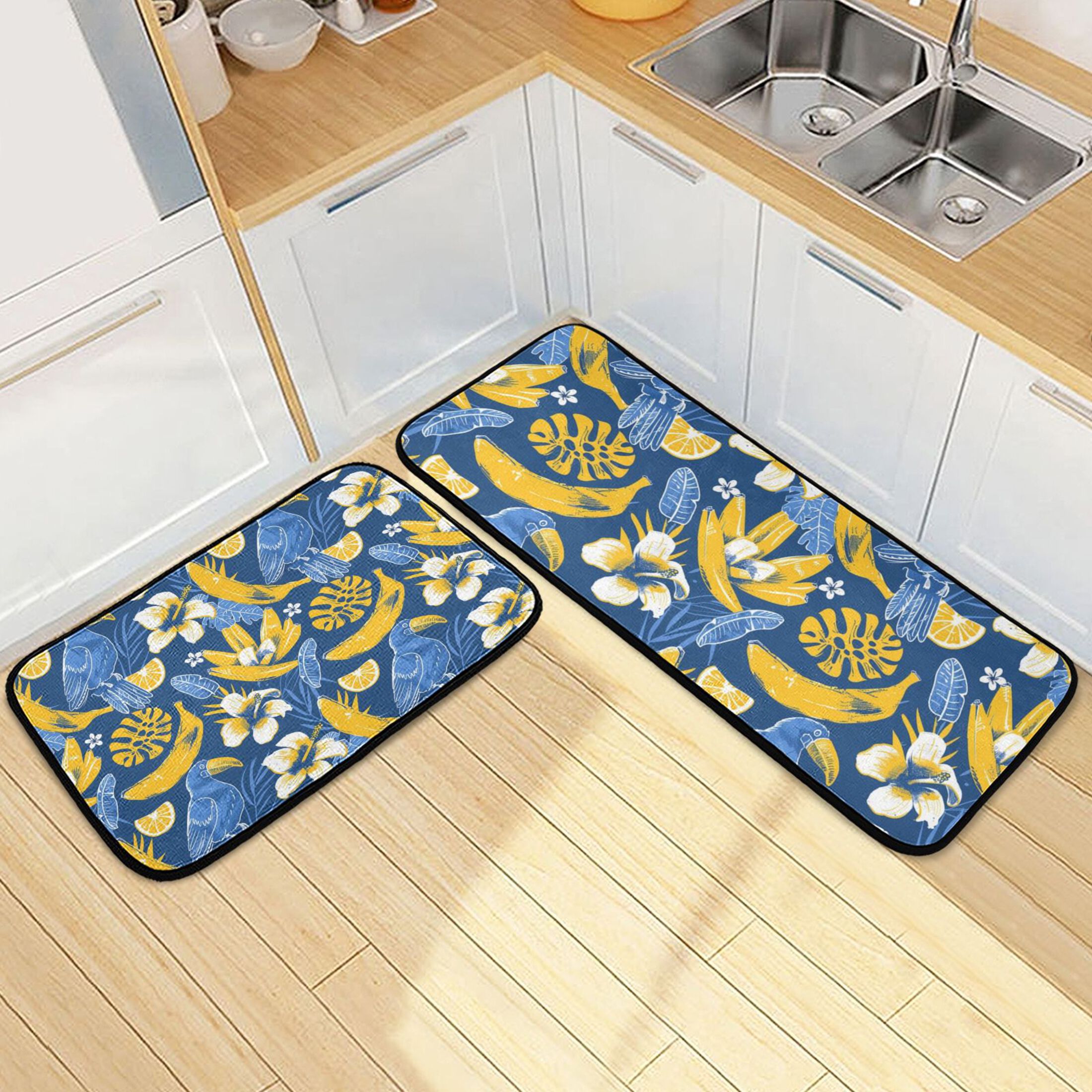 Abstract Birds with Summer Kitchen Rugs Set of 2 Non Slip Floor Foam ...