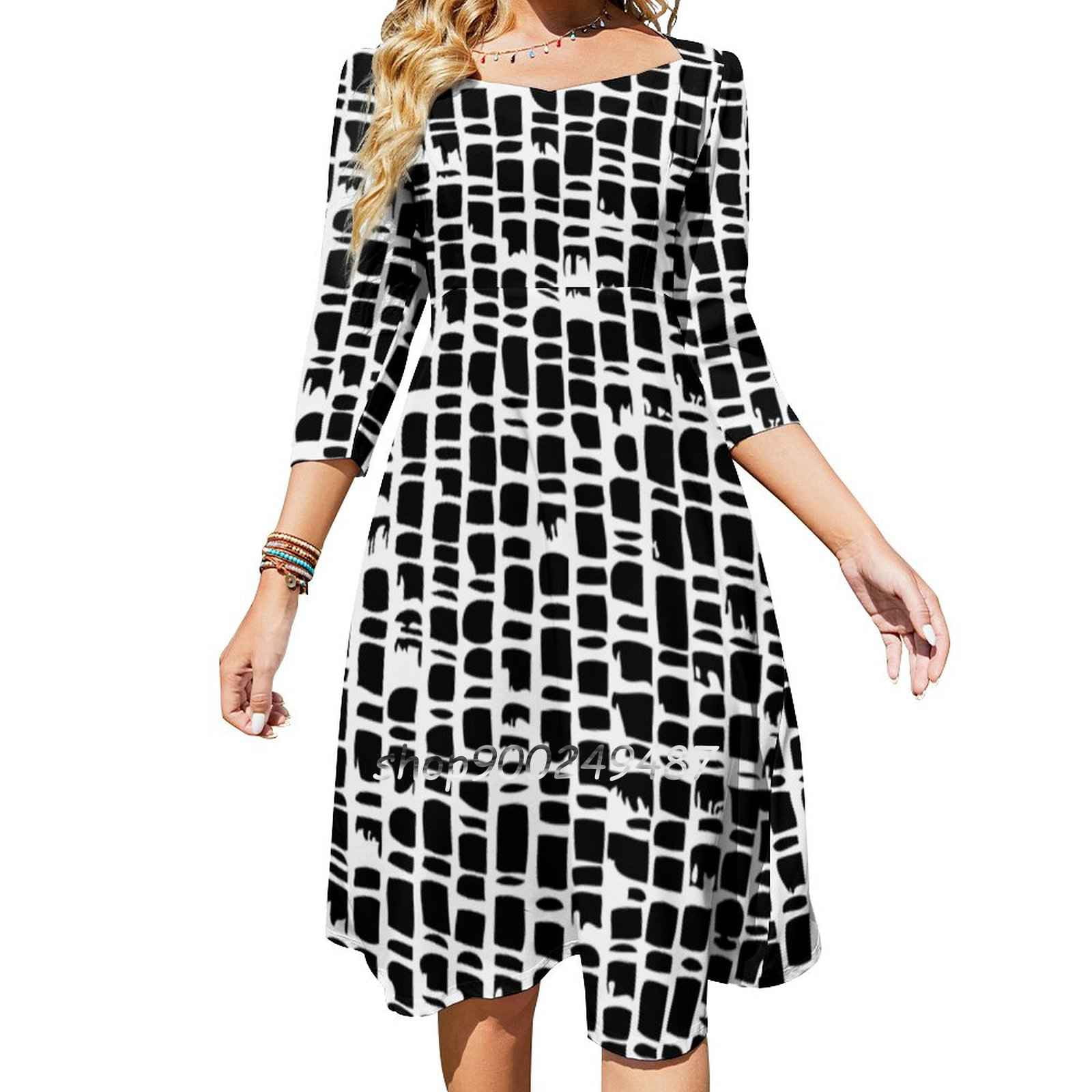 Abstract Black And White Block Box Pattern Square Neck Dress Cute Loose ...