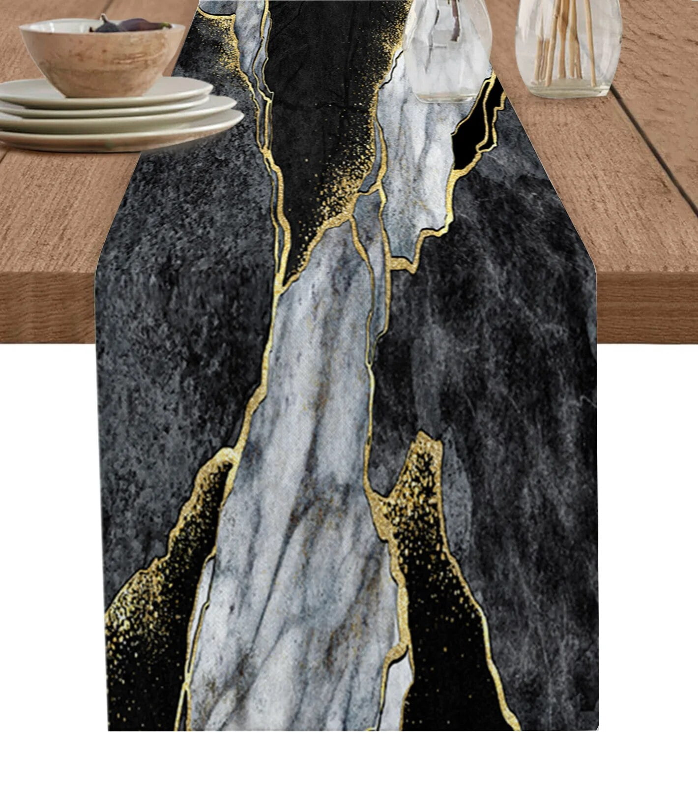 Abstract Black And White Marble Table Runner Wedding ration Cotton ...