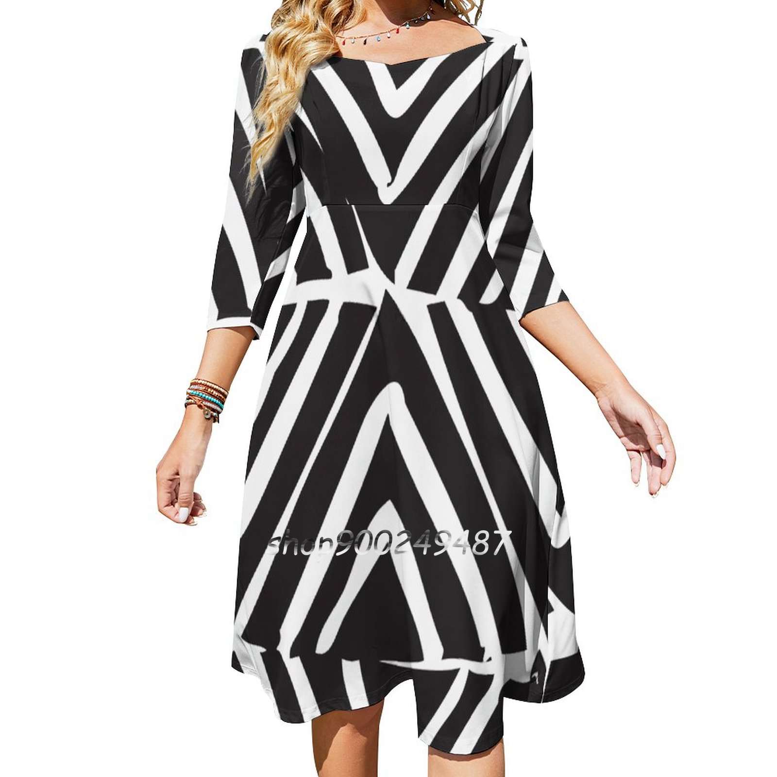 Abstract Black And White Square Neck Dress Sweet Summer Dress Women ...