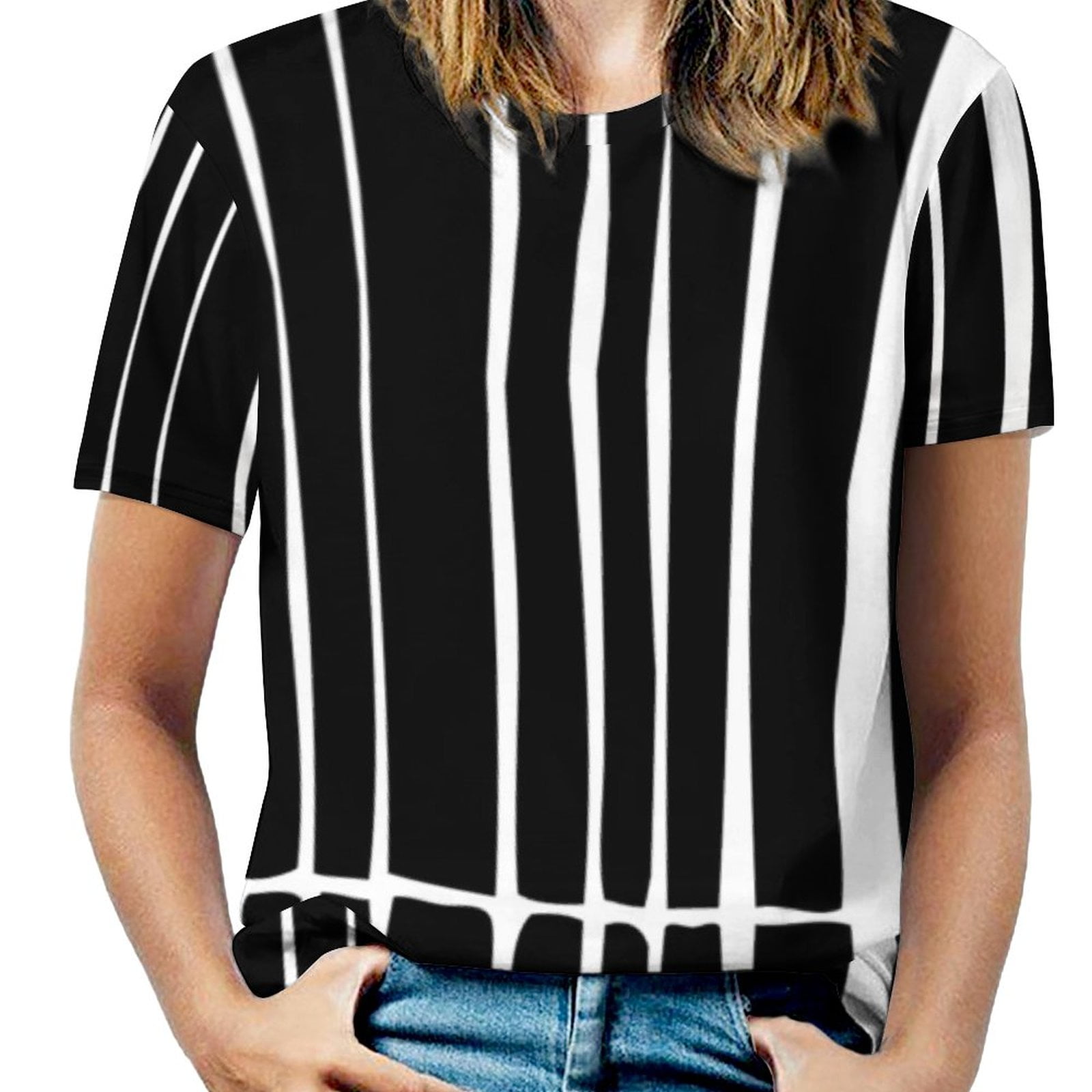 Abstract Black And White Stripe Lotus Leaf Neck T-Shirt Long Sleeve T ...