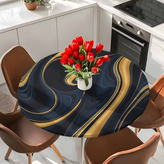 Abstract Black Blue Gold Marble Round Fitted Tablecloth with Elastic ...
