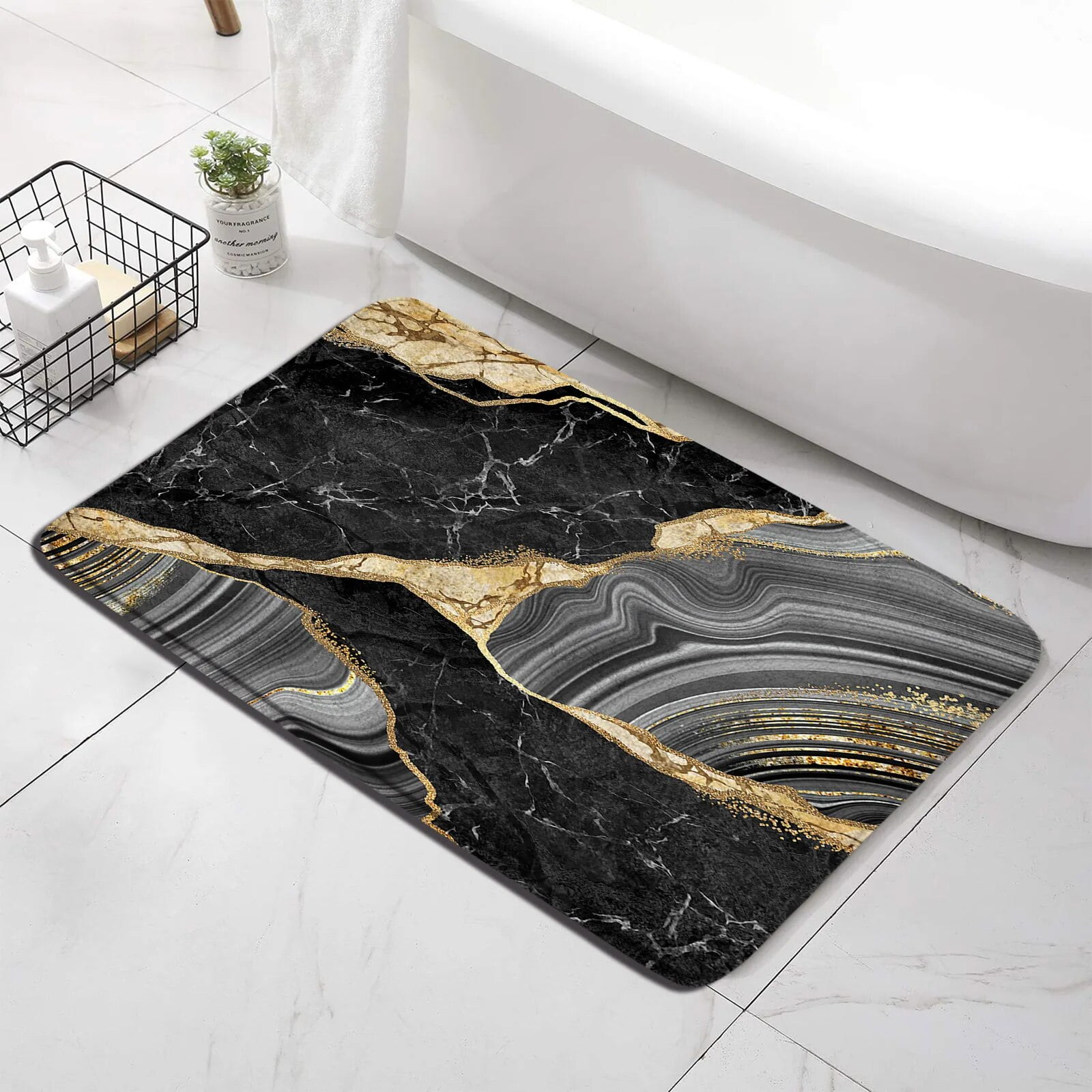 Abstract Black Blue Marble Bath Mat Set Gold Textured Modern Geometric ...