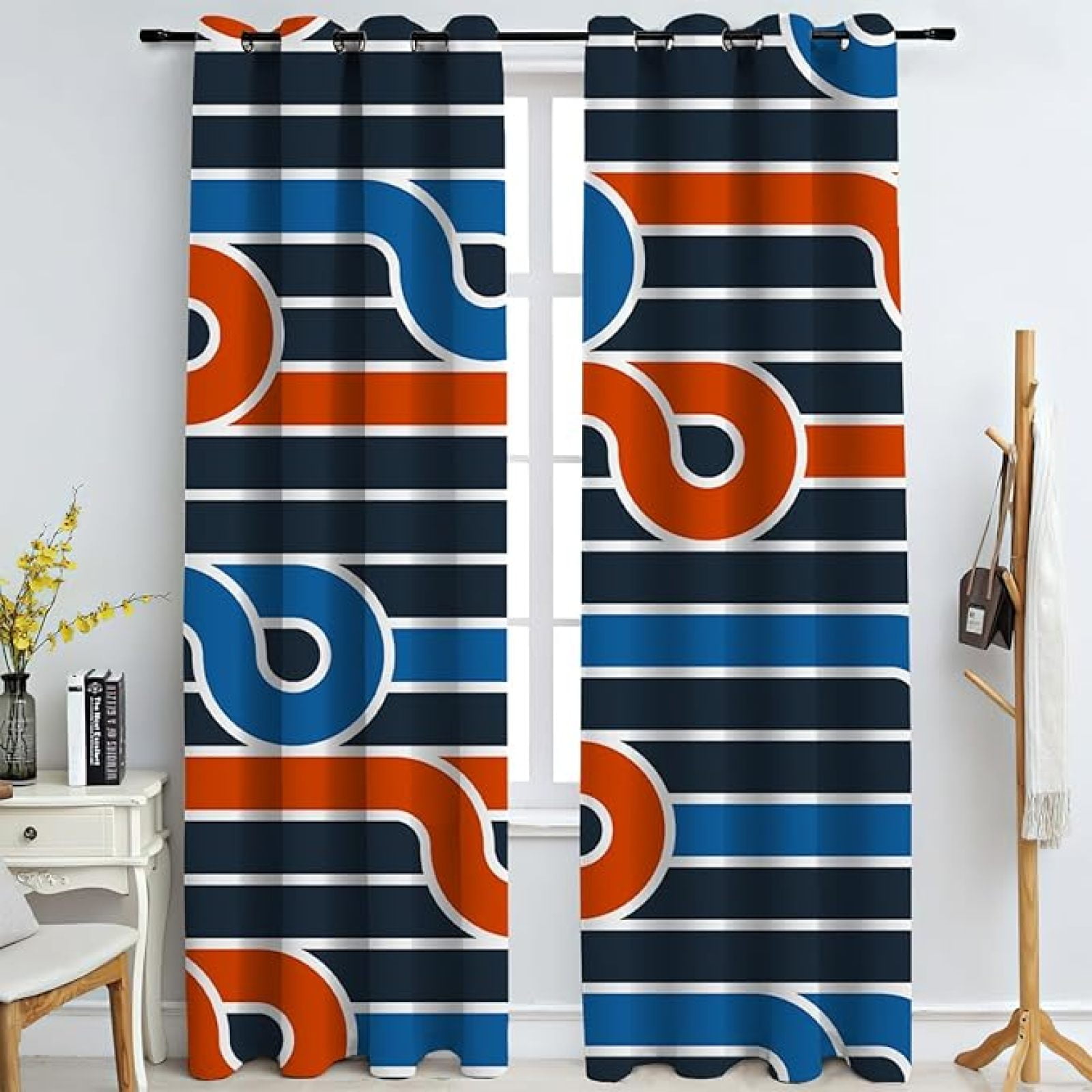 Abstract Black Blue Red Lines Window Curtains, Bohemian Watercolor ...
