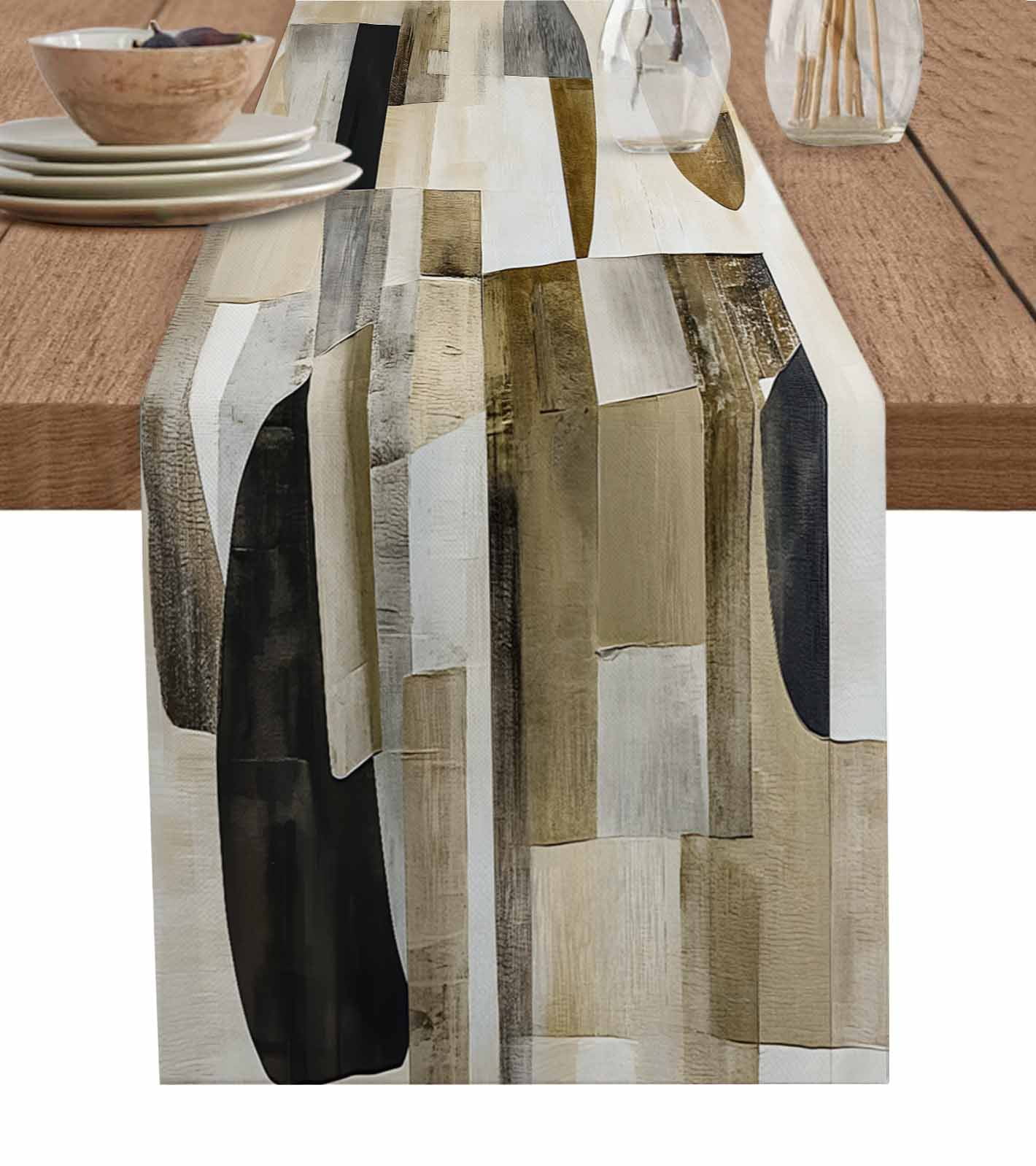 Abstract Black Brown Burlap Cotton Table Runner 16x72 Inches Long, Oil ...