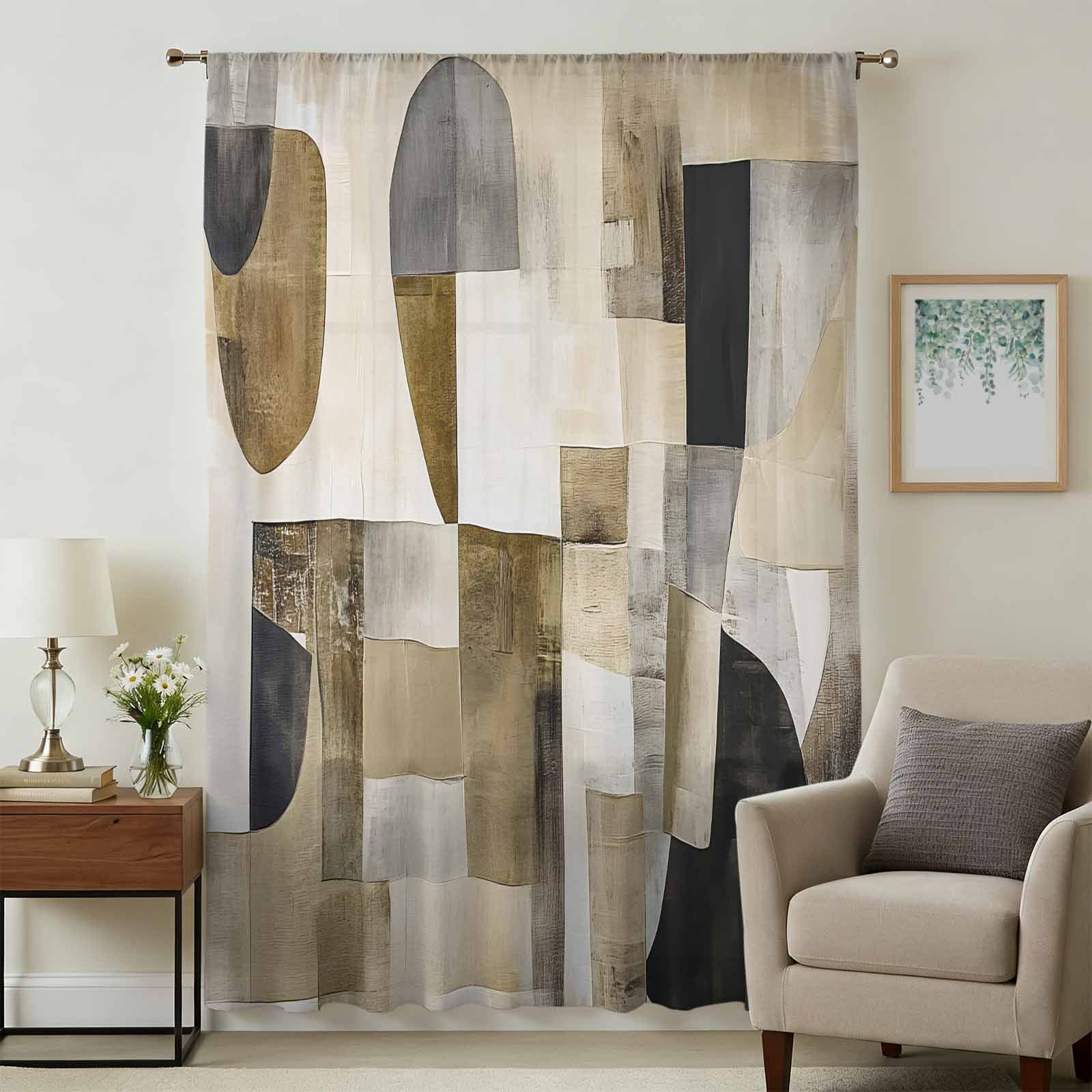 Abstract Black Brown Sheer Curtains 84 Inches Long, Oil Painting Color ...