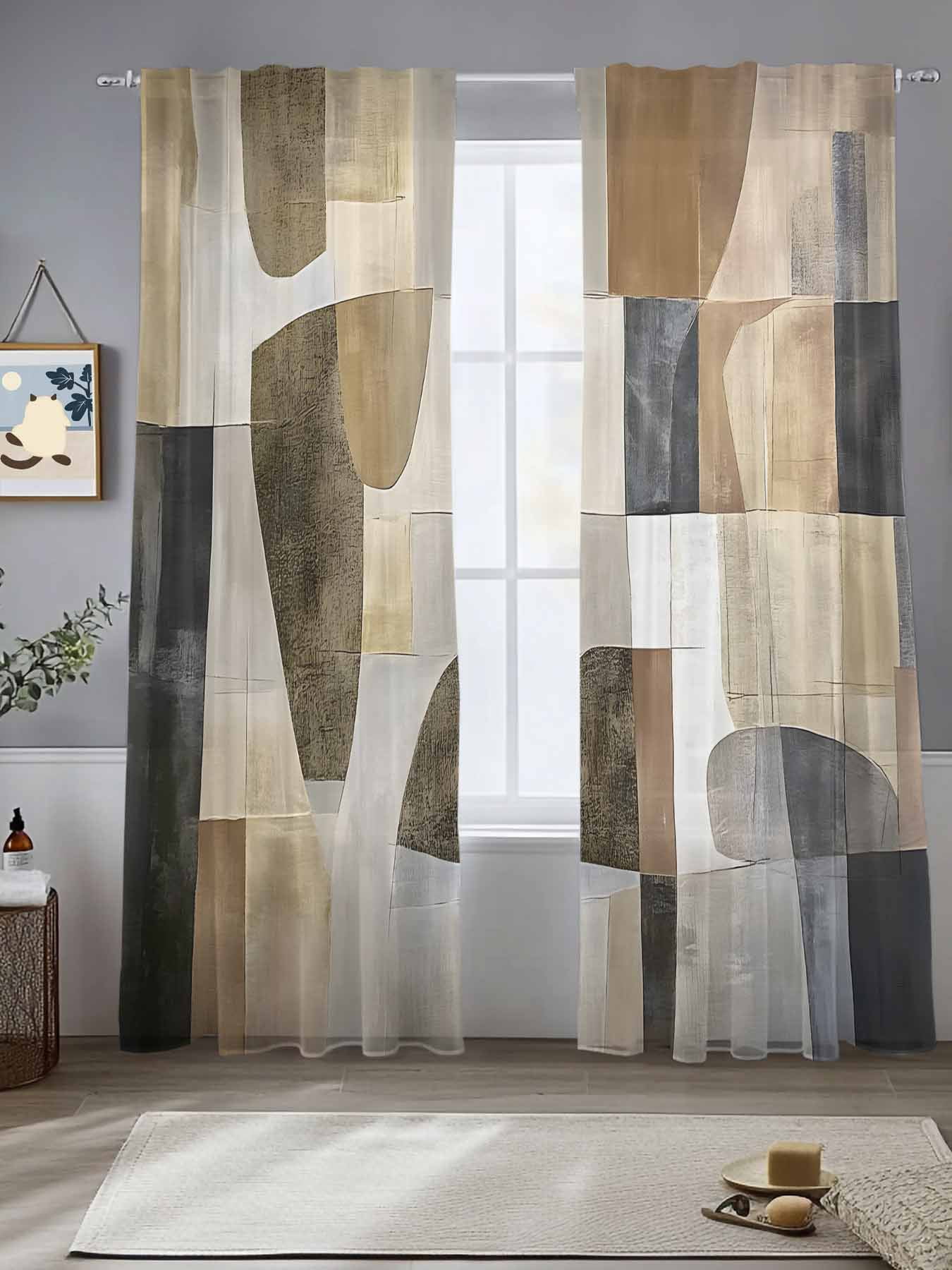 Abstract Black Brown Sheer Curtains for Living Room Bedroom Vintage Geometric Art Sheer Curtains ...