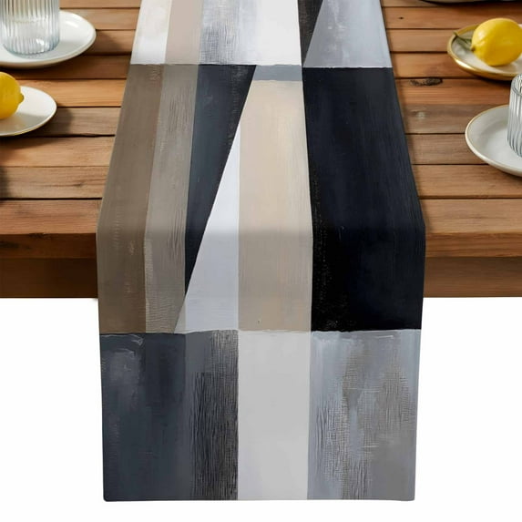 Abstract Black Brown White Table Runner, Modern Art Brown Grey Kitchen ...