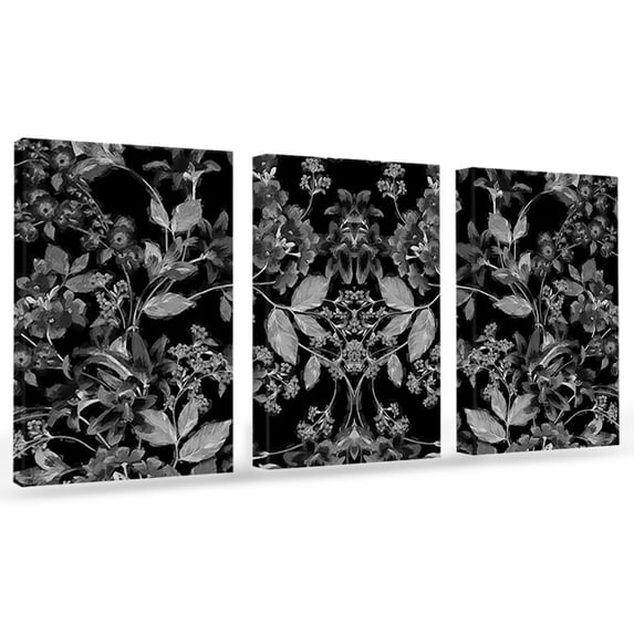 Abstract Black Canvas Wall Art 3 Panels, and White Flowers with Leaves ...