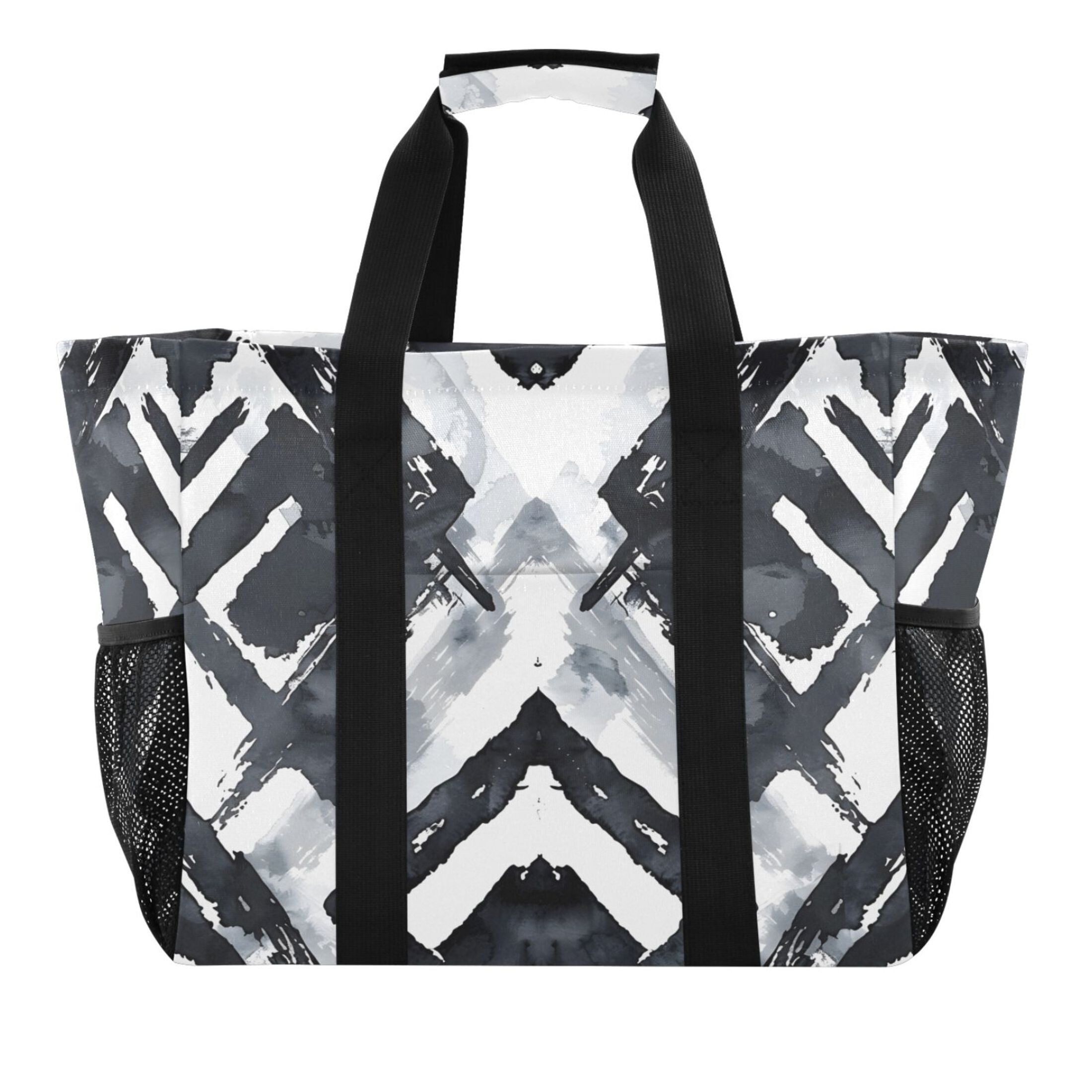 Abstract Black Chevron Reusable Grocery Bags with Handle Side Pocket ...