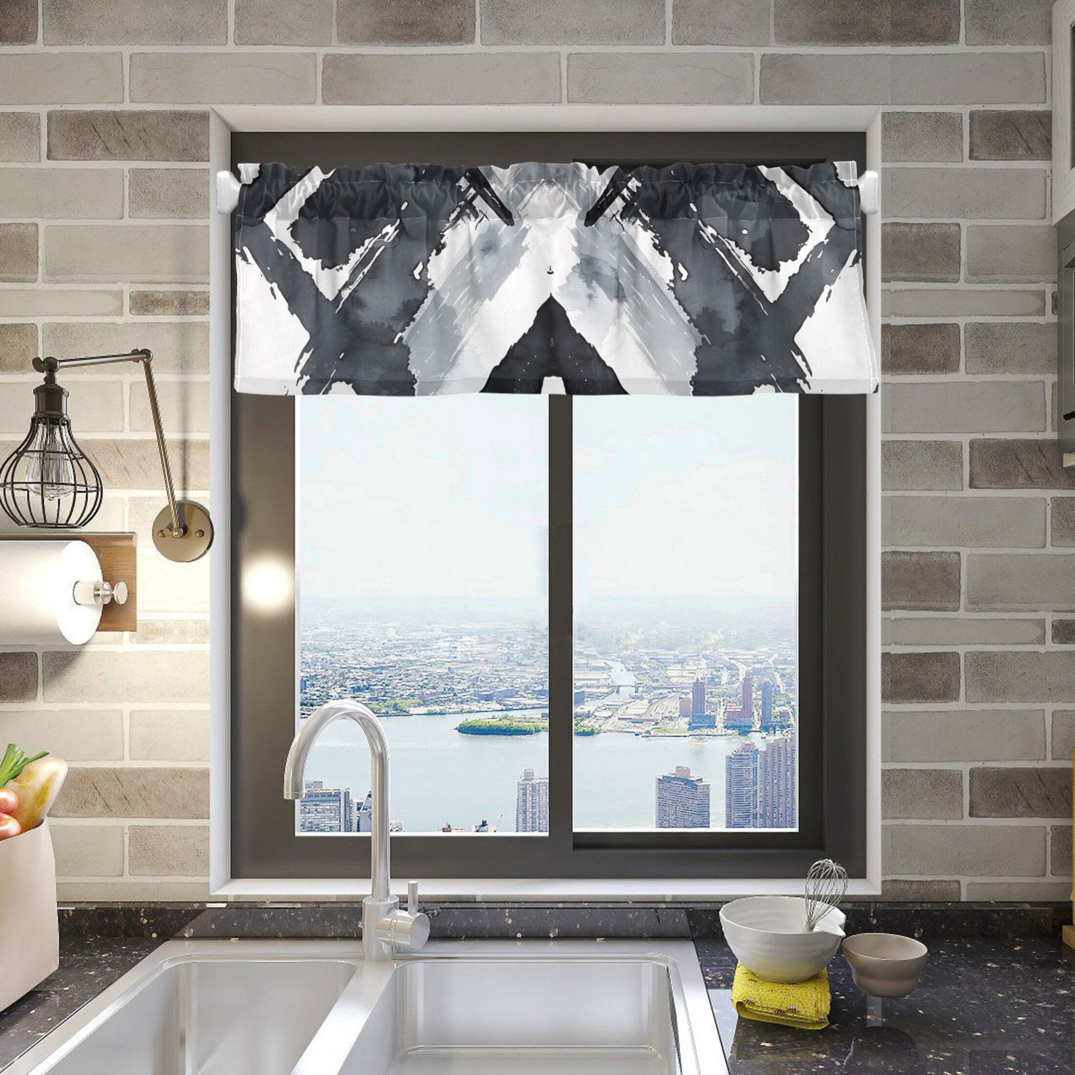 Abstract Black Chevron Valance Curtains 54"x18" Rod Pocket for Kitchen ...